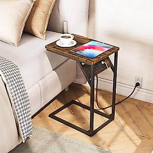 MAHANCRIS C Shaped End Table with Charging Station, Sofa Table with USB Ports and Outlets for Small Spaces, Small Side Table for Living Room, Bedroom, C Couch Table, Rustic Brown ETHR06E01