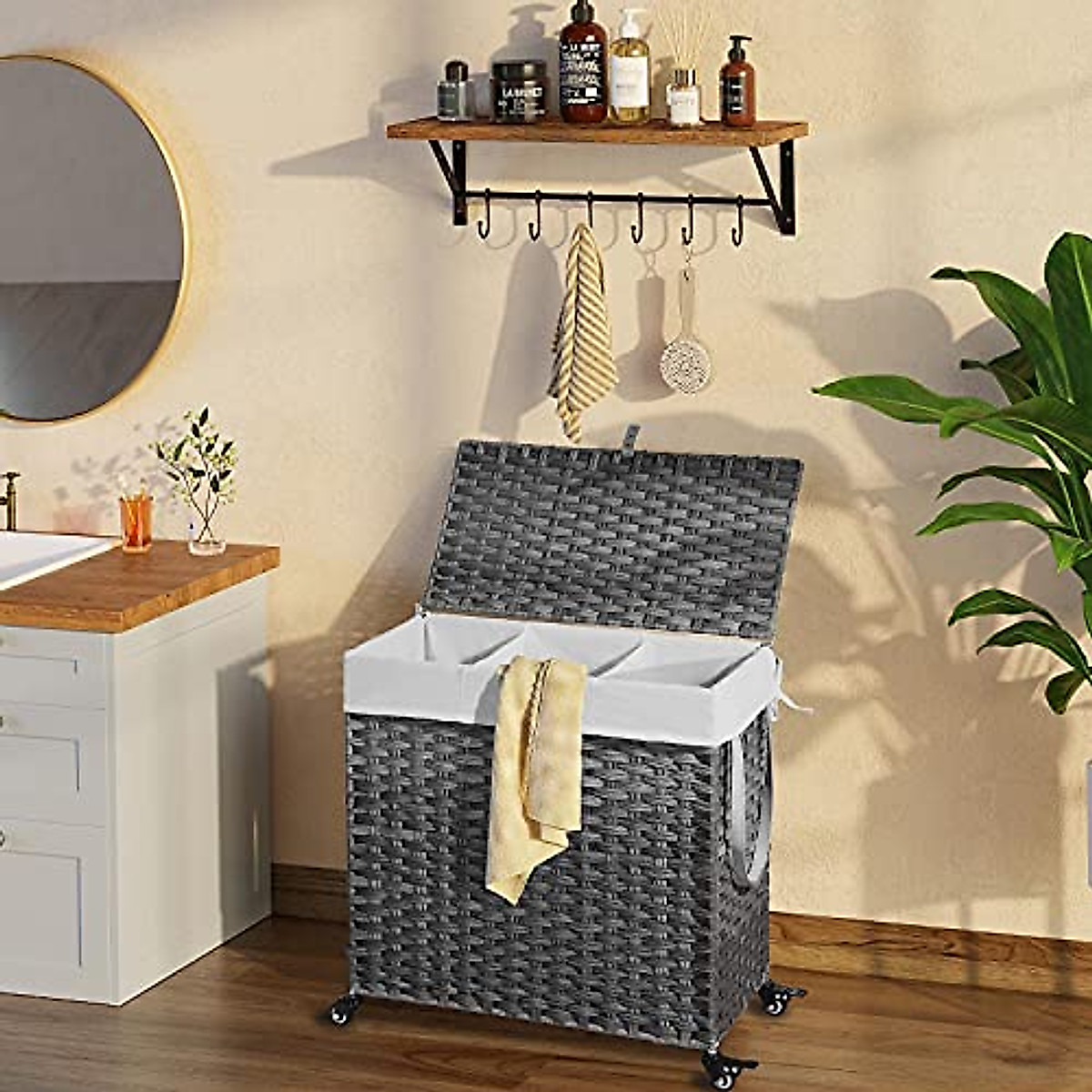 Greenstell Laundry Hamper with Wheels&Lid, 125L Large 3 Sections Clothes Hamper with 2 Removable Liner Bags, 5 Mesh Laundry Bags, Handwoven Divided Laundry Basket Gray