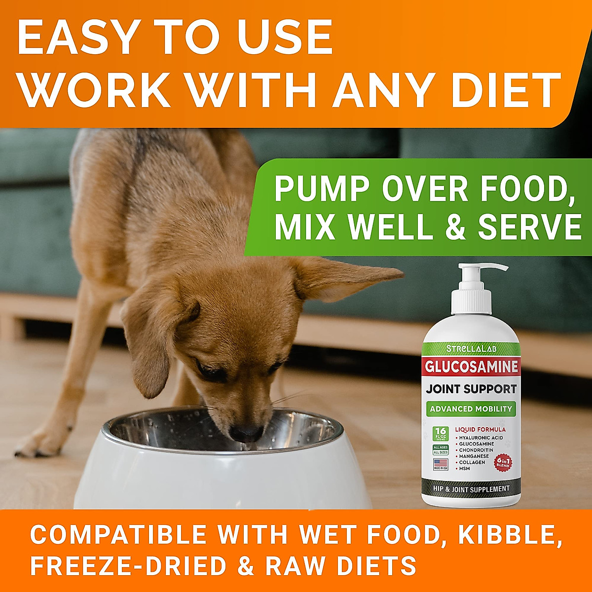 StrellaLab Liquid Glucosamine for Dogs (16 OZ) - All-Natural Hip & Joint Supplement for Dogs, Glucosamine Chondroitin Liquid, MSM & Collagen for Dogs Mobility, Joint Pain Relief for Small & Large Dogs