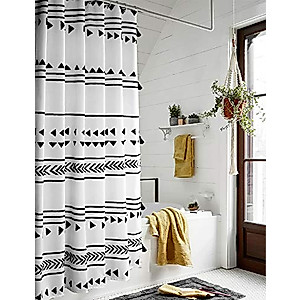 Uphome 72x72 Boho Shower Curtain Black and White Fabric Bathroom Curtains Set with Hooks, Chic Triangle and Geometric Tassel Bath Curtain, Heavy Duty and Waterproof for Modern Hotel Decor