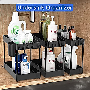 Under Sink Organizer and Storage, 3 Pack 2 Tier Cabinet Basket Shelf Organizer Drawer, Multi-Purpose Under Kitchen Bathroom Organization Storage Rack with Hooks, Hanging Cup, Dividers, Black