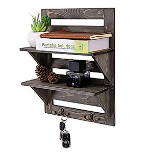 VERGOODR Rustic Wooden Wall Mounted Organizer Shelves with 2 Hooks, 2-Tier Storage Rack, Decorative Wall Shelf Organizer,Kitchen,Bathroom,livingroom Farmhouse Rustic Décor,Grey (Grey)