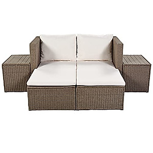 GODAFA 6 Piece Outdoor Patio Furniture Set All-Weather PE Rattan Conversation Sectional Sofa with 2 Tea Tables for Backyard Porch Poolside, Brown Wicker+Beige Cushion