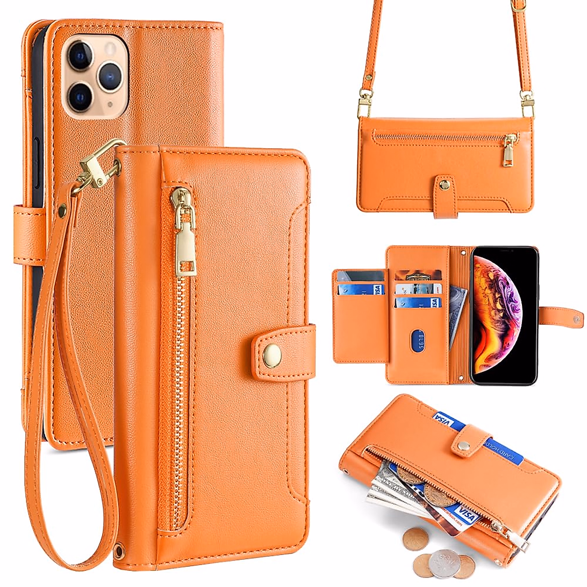 Arseaiy Wallet Case for Samsung Galaxy A04 4G Flip Phone Case with Crossbody Strap Magnetic Handbag Zipper Pocket PU Leather Shockproof with Kickstand Phone Shell Orange