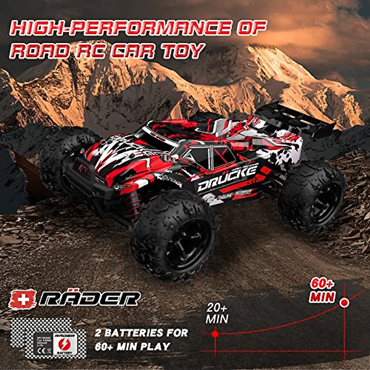 RÄDER DRÜCKE RC Cars-1:18 Scale 45+KM/H High Speed RC Car Hobby Grade Remote Control Car 4x4 Off Road Monster Car, All Terrain Waterproof Toys for Kids Adults with 2 Rechargeable Batteries