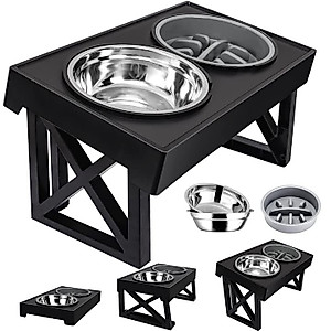 MDEHOPET Elevated Dog Bowls for Large Dogs, 3 Adjustable Heights Raised Pet Bowl Stand Feeder with Slow Feeder Bowl 2 Stainless Steel Food & Water Bowls for for Small Medium Large Dogs and Pets