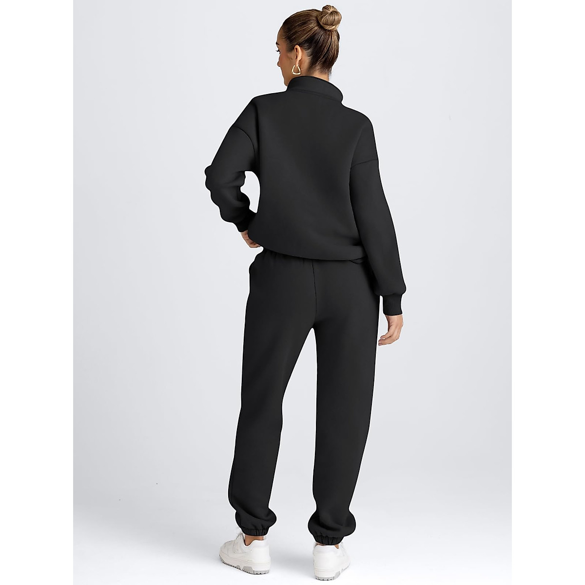AUTOMET Women's Sweatsuits 2 Piece Outfits Long Sleeve Half Zip Pullover and Baggy Sweatpants with Pockets Black M