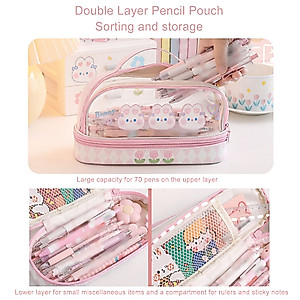 Mokernali Cute Rabbit Pen Bag, Rabbit Pattern Double Layer Pen Bag, Waterproof Transparent Kawaii Pencil Case Pink Cosmetic Bag with Handle