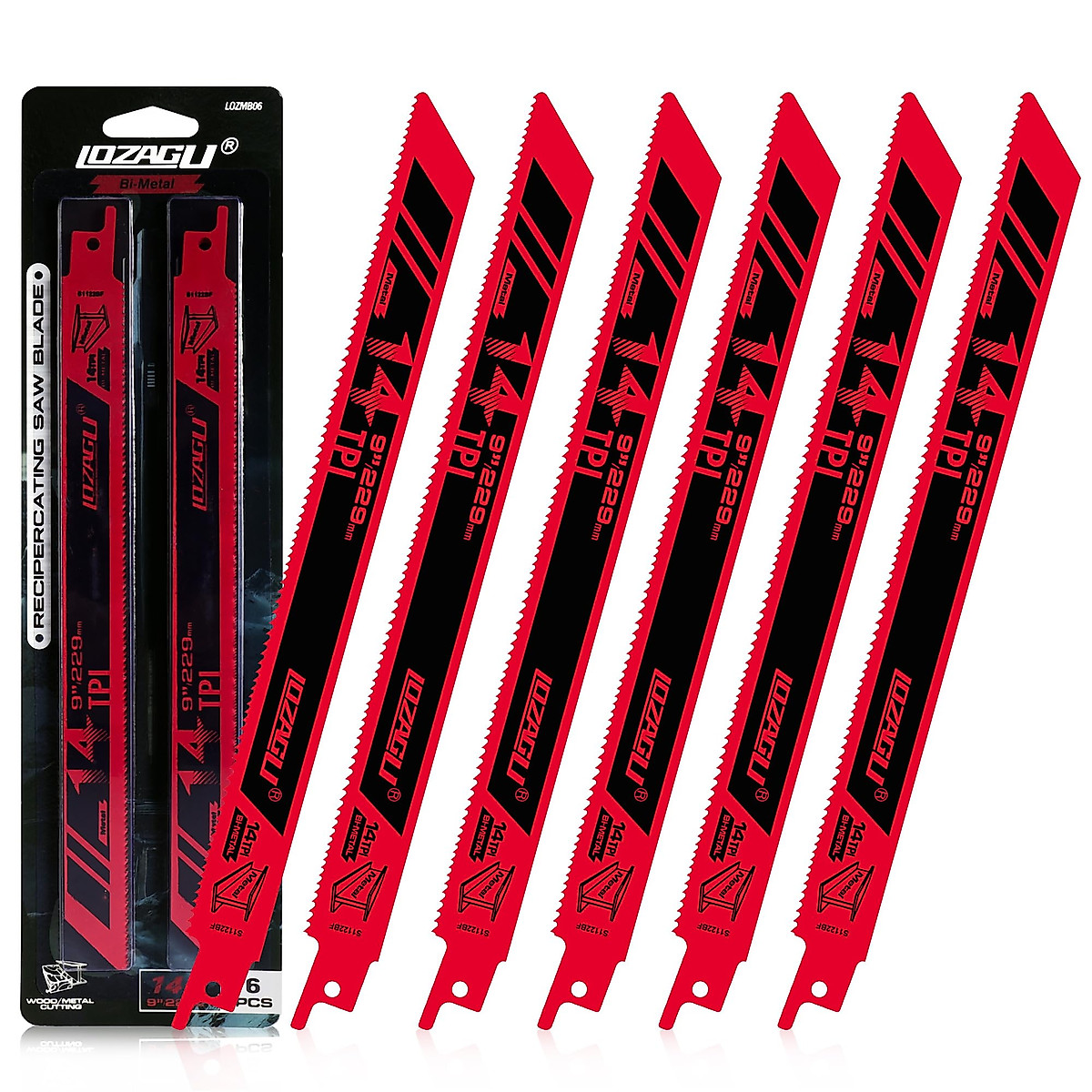 LOZAGU 6-Piece Metal Reciprocating Saw Blades, 9"/229mm 14TPI Bi-Metal Sabre Saw for Metal Pipe, Sheet, Rebar