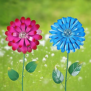 Topadorn 25 Inch Floral Garden Stake Decor,Glow in Dark Outdoor Plant Pick Water Proof Metal Flower Stick for Lawn Yard Patio,Pathway Ornament,Set of 2