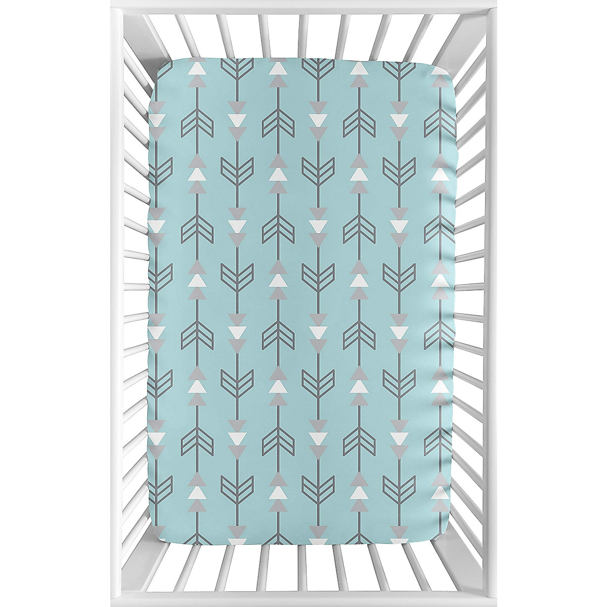 Sweet Jojo Designs Turquoise Blue and Grey Arrow Baby Boy or Girl Unisex Fitted Mini Portable Crib Sheet for Earth and Sky Collection - for Mini Crib or Pack and Play ONLY