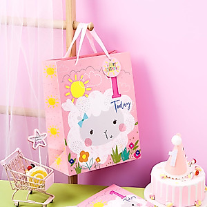 LeZakaa 1st Birthday Gift Bag, 13" Pink Glitter Gift Bag with Tissue Paper, Gift Tag and Card - Little Sheep Design for Girl, Kids, Child Birthday