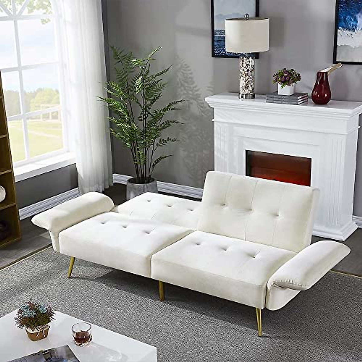 Lin-Utrend 67" Comfortable Velvet Couch，Convertible Sofa Bed, Living Room Sofas with Adjustable backrest and armrest, for Living Room, Apartment, Bedroom, Office, Shop(Beige)