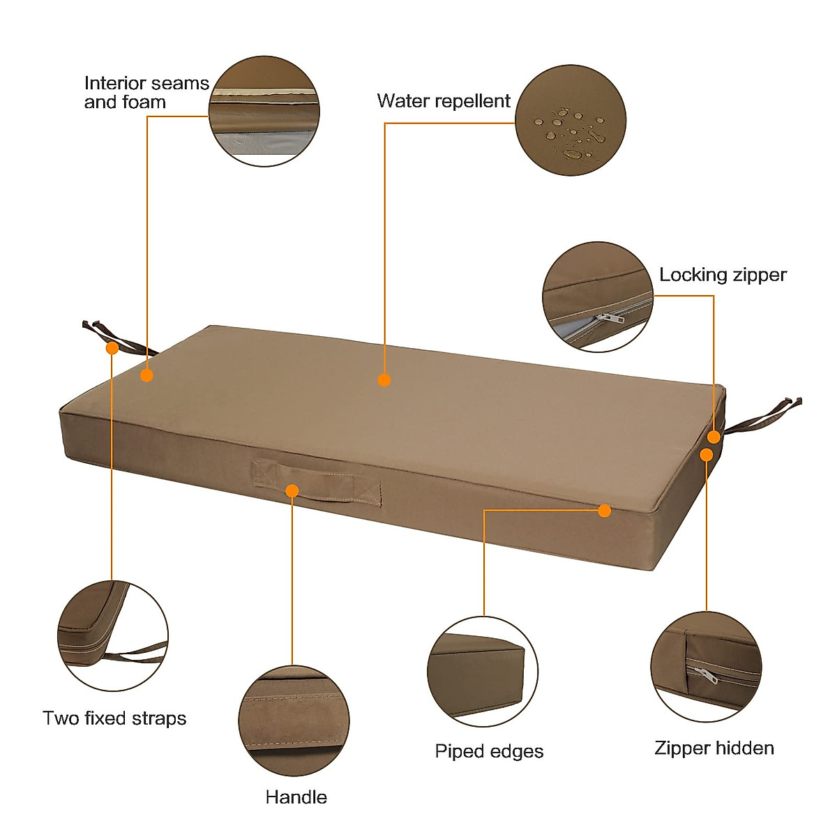 Faible Poisson Outdoor Bench Cushion and Replacement Cover, 60 x 18 Inch Waterproof Porch Swing Cushions with Handle and Anti-Slip Straps for Garden Patio Furniture