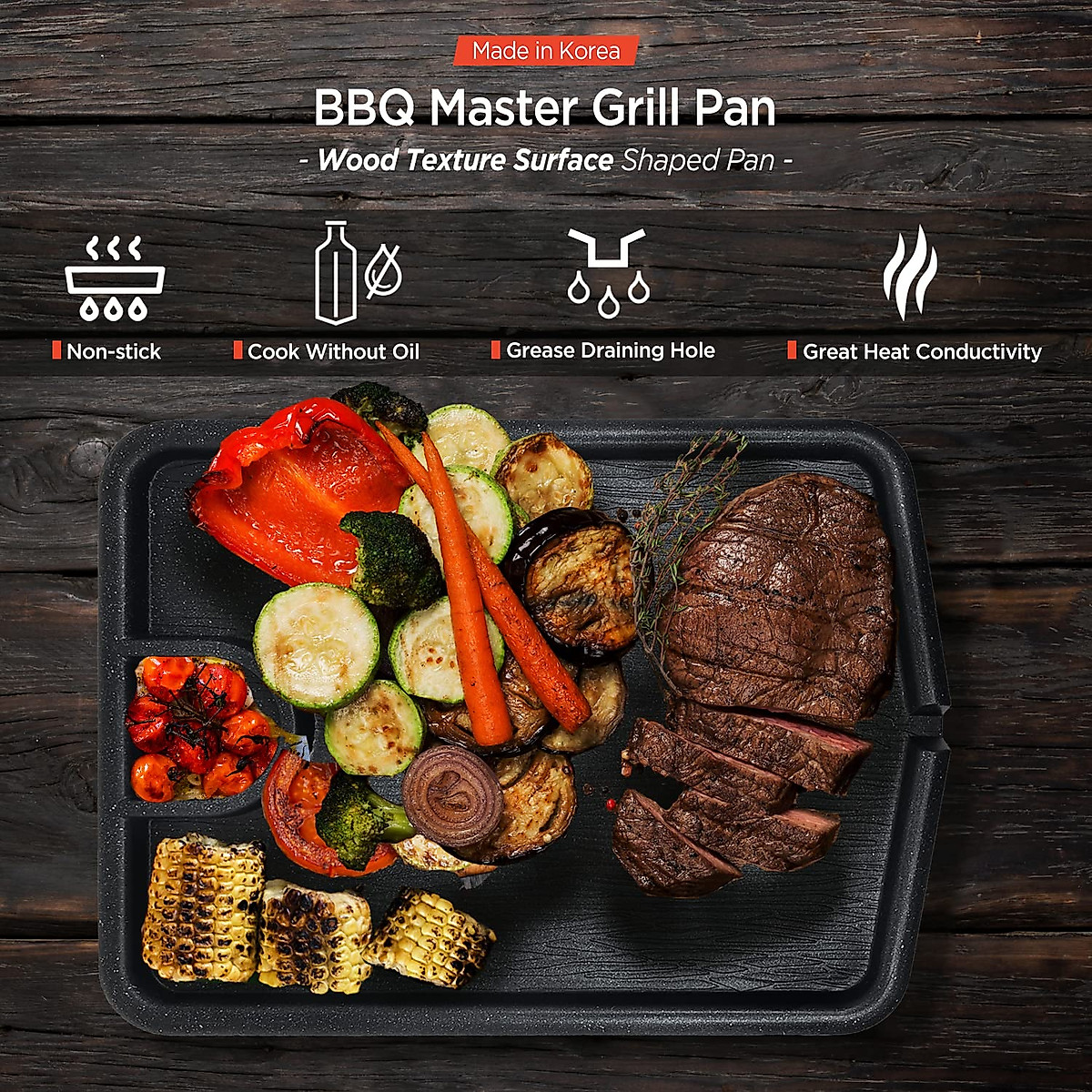 Eutuxia Stovetop Korean BBQ Grill Pan, 15.6", Leaf Surface Non-stick Smokeless Scratch-Resistant, Cast Iron Style Aluminum, For Vegetable Egg Pork Beef Meat Garlic Cheese Kimchi Made in Korea, KBBQ.