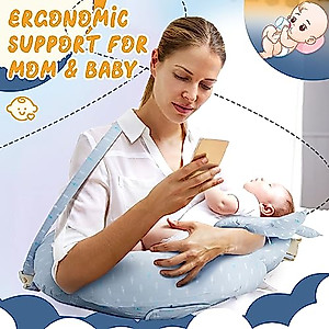 Geelin Nursing Pillow Soft Nursing Pads Set Include Breastfeeding Pillows with Adjustable Waist Strap 4 Pieces Breast Pads Reusable Postpartum Essentials for Baby Breastfeeding, Gray and White