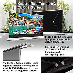 EliteProjector Screens Kestrel Tab-Tension CLR3, 101" Diag. 16:9, Ultra-Short Throw Ceiling Ambient Light Rejecting (CLR®/ALR) Electric Floor-Rising Projector Screen, Black Casing, FTE101UH2-CLR3