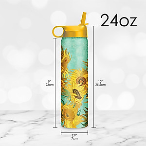 RainCaper 18/8 Stainless Steel Insulated Water Tumbler with Straw | 24oz, BPA-Free, Double Wall for Hot & Cold | Travel-Friendly, Cup Holder Ready (van Gogh Sunflowers)