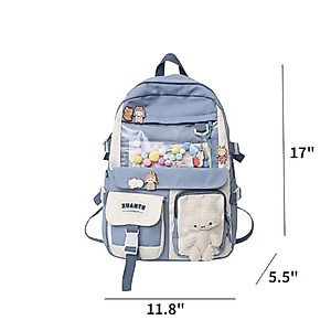 MeganJDesigns 2Pcs Kawaii Backpack for Teen Girls Aesthetic Student, Gift for Back to School, Travel Daypack Shoulder Bag Girls (Blue)