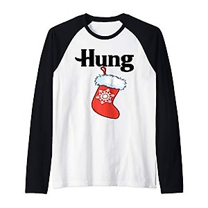 Hung Christmas Stocking Funny Well Hung Stocking stuffer Raglan Baseball Tee