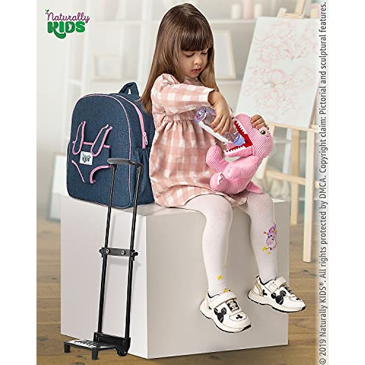 Naturally KIDS Dinosaur Backpack - Dinosaur Toys for Kids 3-5 - Kids Suitcase for Boys Girls w Stuffed Animal - Gifts for 7 Year Old Boy - w Pockets & Reflective Logo - Rolling Backpack w Pink T Rex