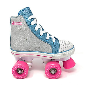 Chicago Skates Girls Fashion Quad Skates with Flashing Lights - Glitter Silver/Teal/Pink - Size 2