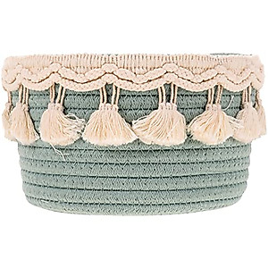Woven Basket Small Woven Storage Basket Decorative Cotton Rope Basket with Tassel Woven Nursery Hamper Storage Bin for Blankets Towels Toilet Paper Green Bathroom Basket