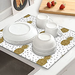 Gold Glitter Pineapples Fruit Printed Drying Mat For Kitchen Ultra Absorbent Microfiber Dishes Drainer Mats Non-Slip Silicone Quick Dry Pad - 18 X 16inch
