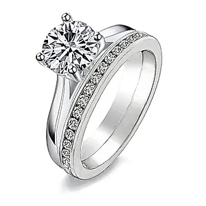 Diamonbella 10 Hearts & 10 Arrows 2 Carats Simulated Diamond Solitaire Classic Ring Band Set 925 Silver soliset45 (5)