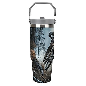 Mountain Bike Tournament 30oz Stainless Steel Insulated Tumbler with Straw & Foldable Handle - Leakproof, Double-Wall Vacuum Travel Thermos for Hot/Cold Drinks, Non-Slip Base, Fit Cup Holders