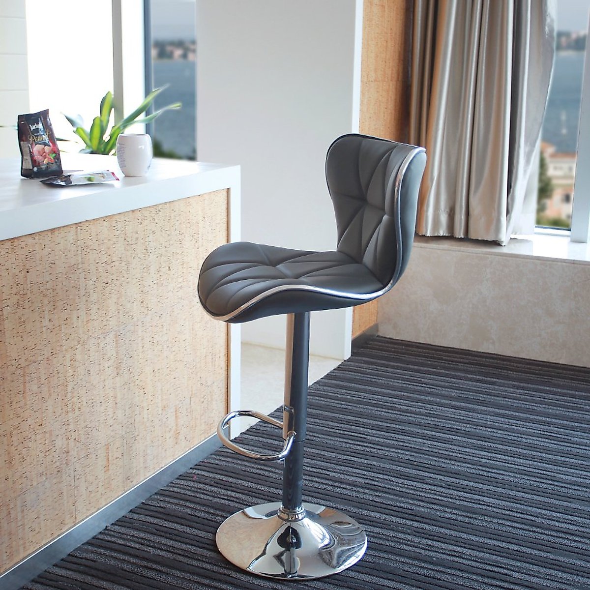 Leopard Shell Back Adjustable Swivel Bar Stools, PU Leather Padded with Back, Set of 2, Grey