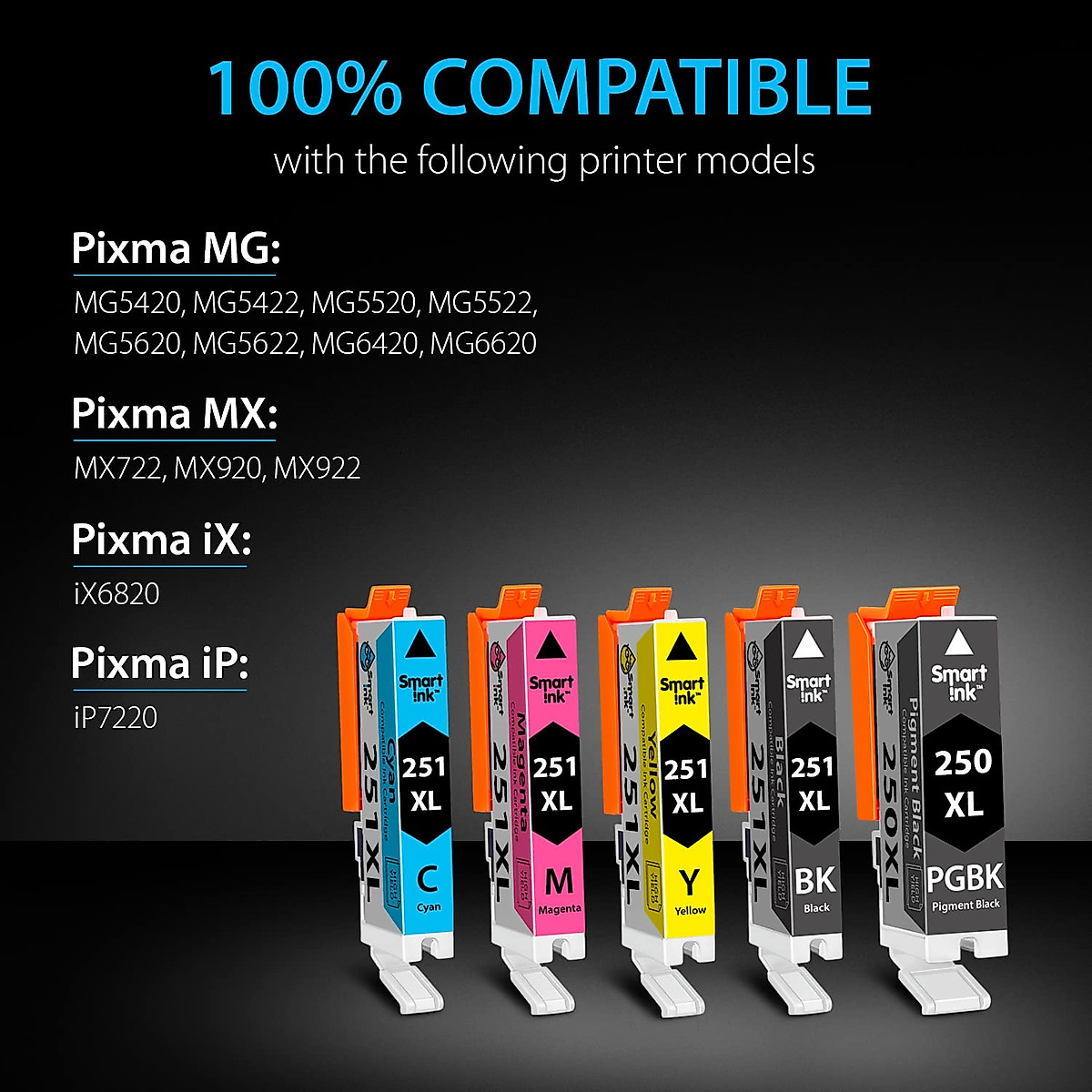Smart Ink Compatible Ink Cartridge Replacement for Canon PIXMA PGI-250XL CLI-251XL PGI 250 CLI 251 XL (1 PGBK & 1 BK/C/M/Y 5 Combo Pack) to use with MX722 MX922 iP7220 iX6820 MG5420 MG5422 MG5520