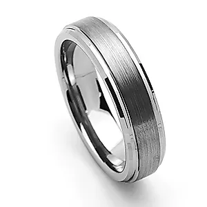 Double Accent 6MM Comfort Fit Tungsten Carbide Wedding Band Stepped Edge Flat Brushed Center Tungsten Ring (5 to 15), 10.5
