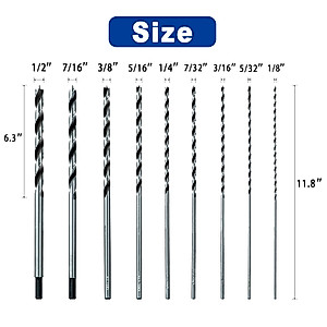 Sali 13PCS Brad Point Wood Drill Bit Set Carbon Steel Wood Drill Bit Set for Hardwood, Plywood, Plastic Round Holes in All Types of Wood Extra Long 11 Inch