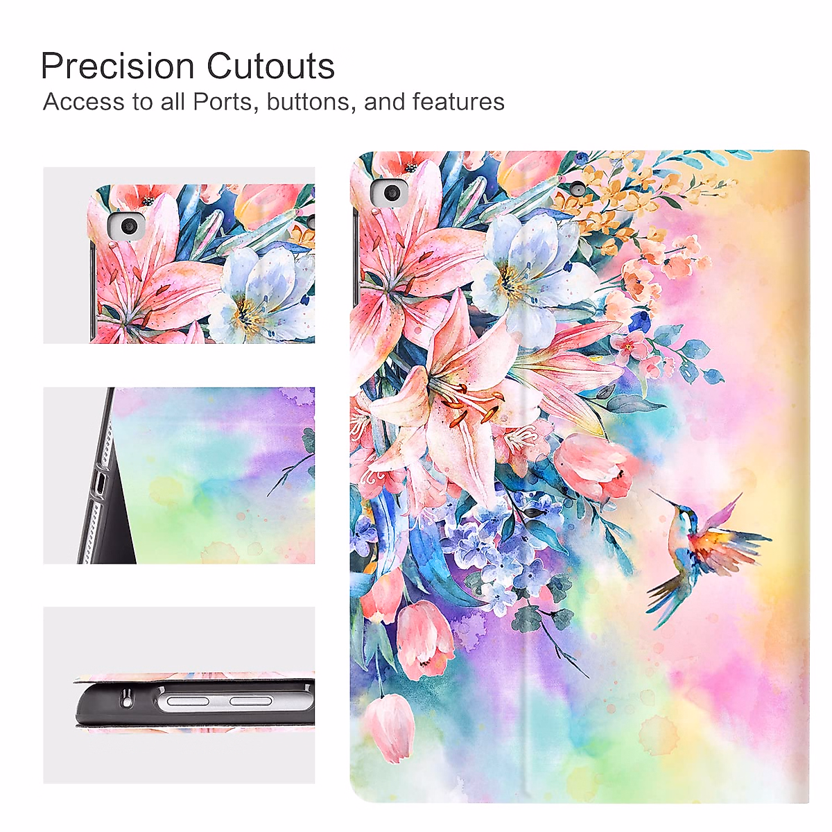 Vimorco Slim Case for ipad 5th/6th Generation 9.7 inch 2017/2018,ipad air 1/2 Case, Shockproof PU Leather Adjustable Stand Cover for Apple ipad 5/6 Gen, Hummingbirds & Flowers