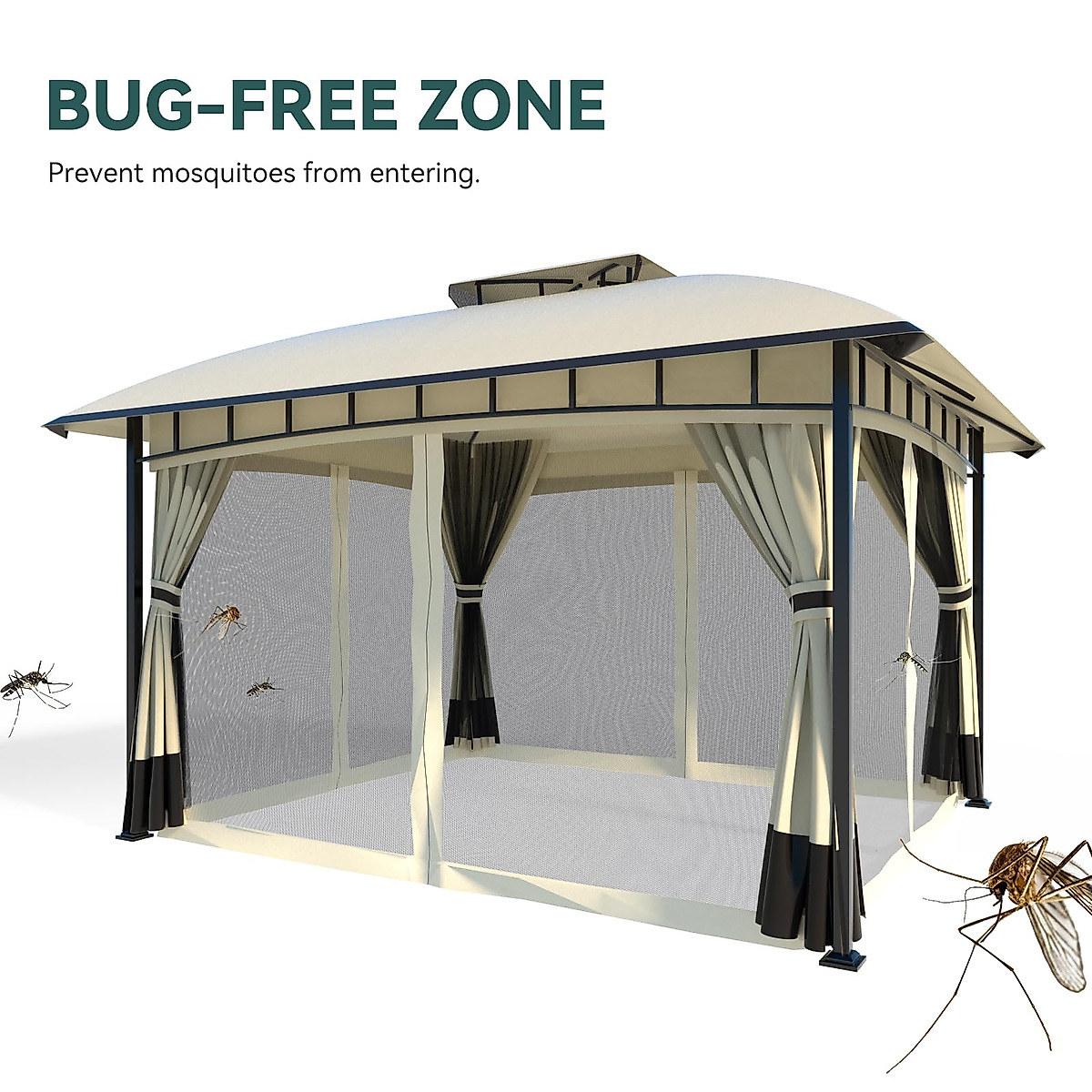 FUNG YARD 10x12 Outdoor Gazebo, Double Roof Patio Gazebo with Mosquito Netting & Curtains, Sturdy Steel Frame, Sun & Waterproof, Perfect for Backyard, Garden, Party, (Khaki)