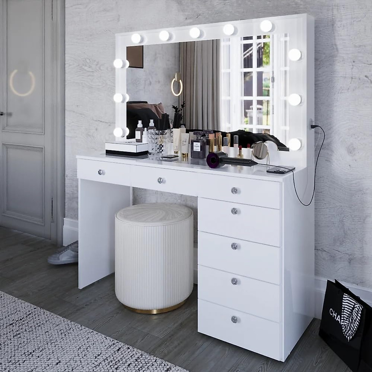 Boahaus Serena Modern Makeup Vanity with Hollywood Light Bulbs Add-On, 7 Drawers, Wide Mirror, Glam Glass Top for Bedroom