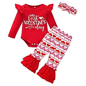 GRNSHTS Baby Girl My First Valentine's Day Clothes Long Sleeve Ruffle Romper Bell-Bottomed Pants 3Pcs Love Heart Outfits(Red,6-9M)