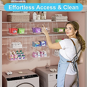 3-Tier Hanging Laundry Basket Organizer：Foldable Wire Shelf Laundry Room Organizer with 360°Rotating Hooks Space Saving Over Washer and Dryer Shelves - Metal laundry organization and storage, white