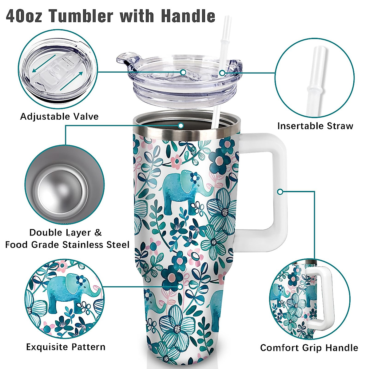 Puhnhsv 40 oz Insulated Stainless Elephant Tumbler With Handle and Straw, 40oz Coffee Travel Mugs Cup Water Bottle Elephant Lovers Gifts for Women Girls