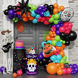 158pcs Day of The Dead Balloon Garland Arch Kit, Dia De Los Muertos Colorful Balloons with Skull and Pumpkin Cone Foil Balloons for Mexican Party Halloween Day of The Dead Decorations (Purple orange)