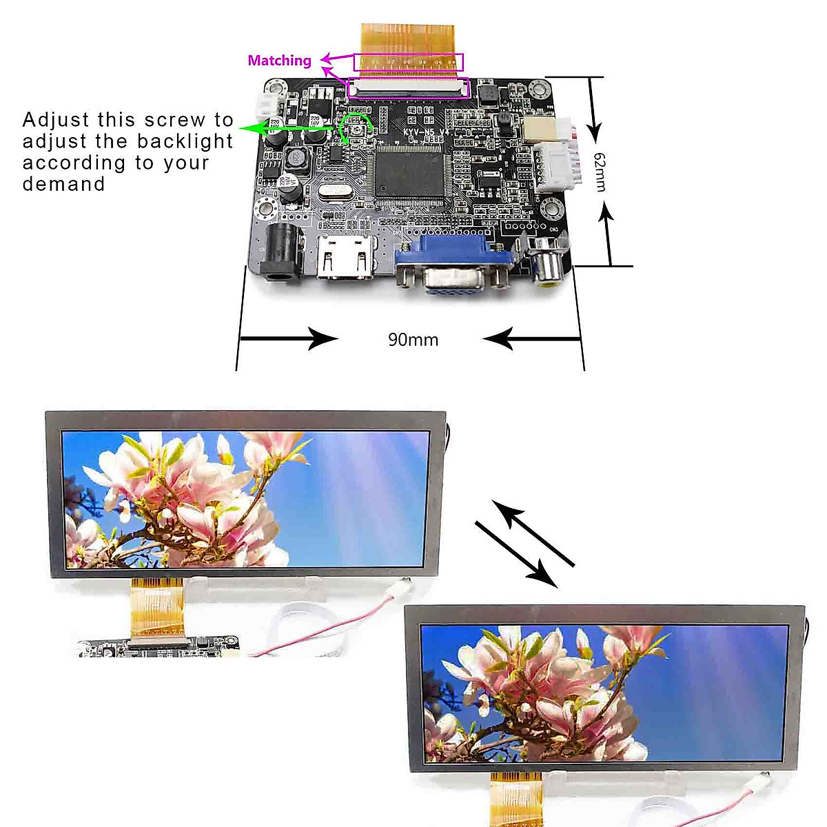 VSDISPLAY 8.8" 8.8 Inch 1280x480 LCD Screen CLAA088WA01 XN with HD-MI VGA AV LCD Controller Board KYV-N5 V4