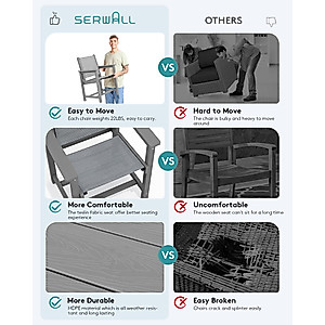 SERWALL 7 Piece Outdoor Dining Table Sets for 6 with 1 Umbrella Hole Cut-Out Rectangular Table and 6 Textilene Chairs, HDPE Dining Table Sets for Garden, Backyard, Poolside, Gray