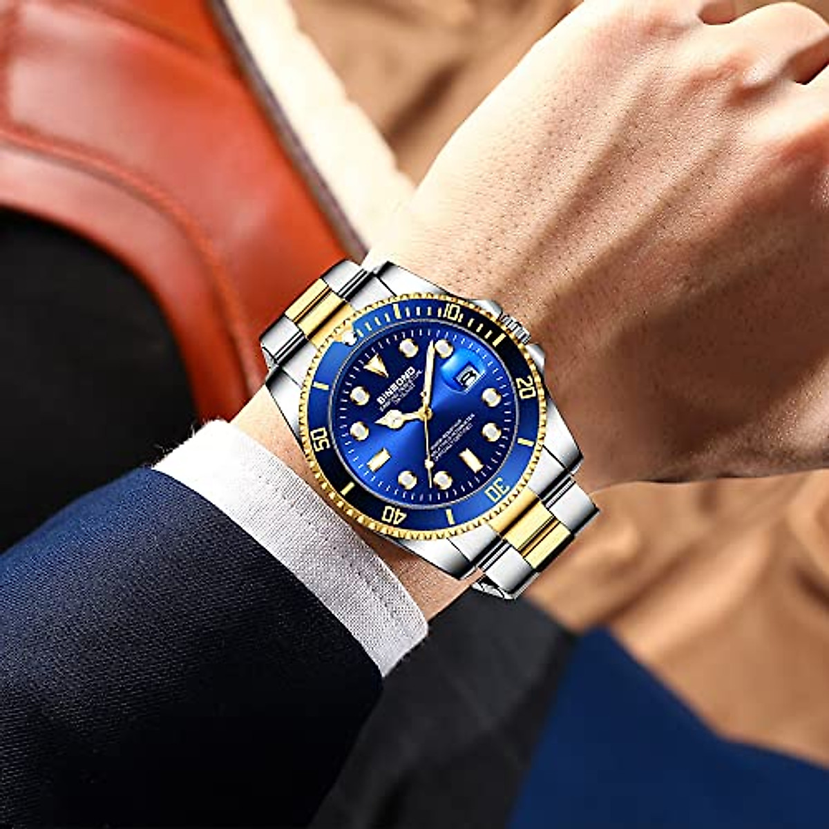 Tiong Watches Mens Fashion Business Stainless Steel Auto Date Waterproof Analog Quartz Watch Silver Emerald Green Watch Wristwatches for Men (Silver Blue)