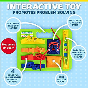 Buckle Toys Busy Board - Montessori Learning Toy for Toddlers Road Trip Essentials - Foam Sensory Board - Develop Fine Motor Skills - Green