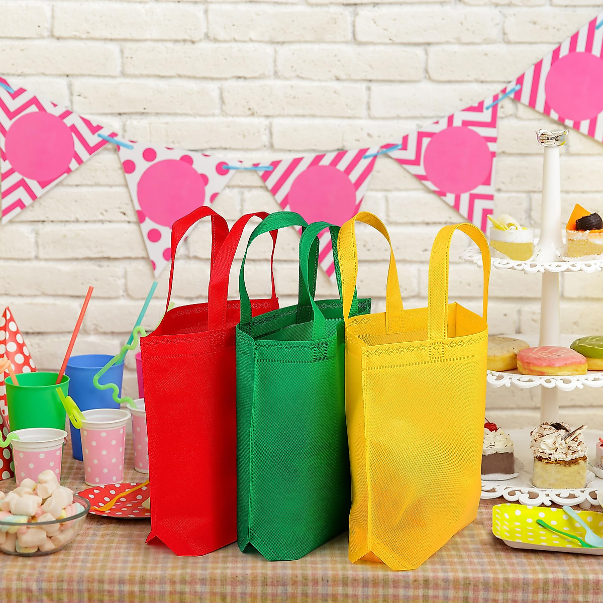 Aneco 24 Pack 11.5 by 11.5 Inches Bottom Birthday Party Bags Non-Woven Treat Bags Easter Egg Hunt Gift Bag Rainbow Colors with Handles, 6 Colors