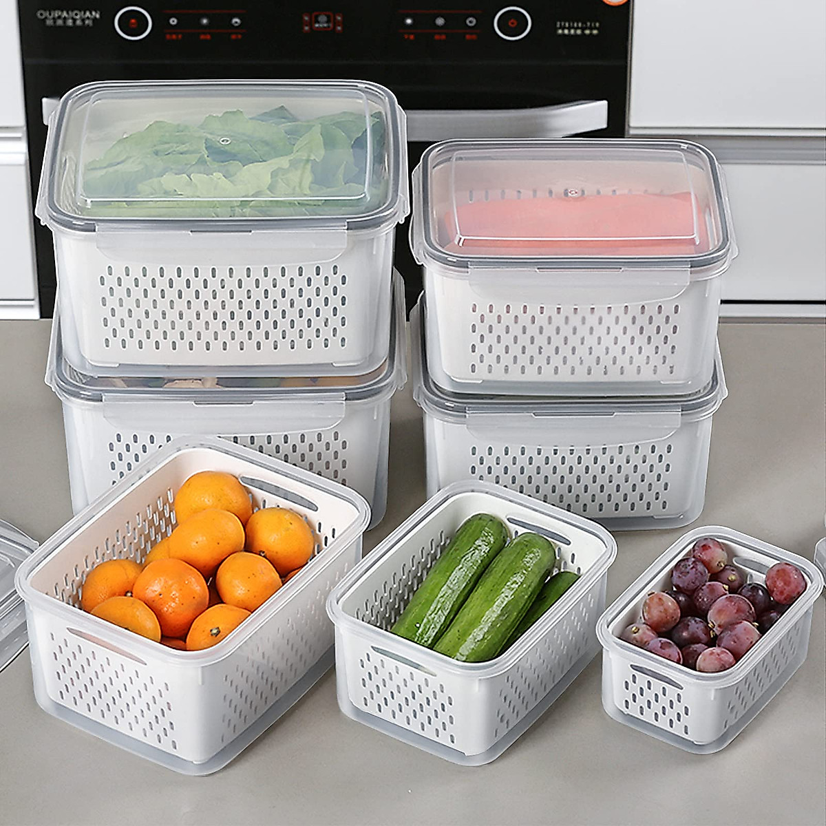 CD HOME 4 PCS Fruit Containers for Fridge -Airtight Food Storage Containers with Removable Colander - Dishwasher & microwave safe Produce Containers Keep Fruits,Berry, Vegetables, Fresh longer