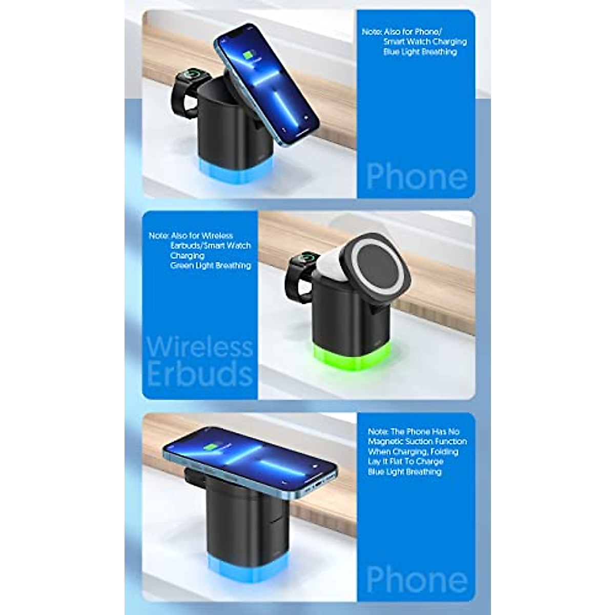 Magnetic Wireless Charging Station for Apple Series,3 in 1 Faster Mag-Safe Wireless Charger Stand for iPhone 14/13/12 Series/iPhone11/Samsung, Apple Watch Series and Airpods with QC3.0 Adapter