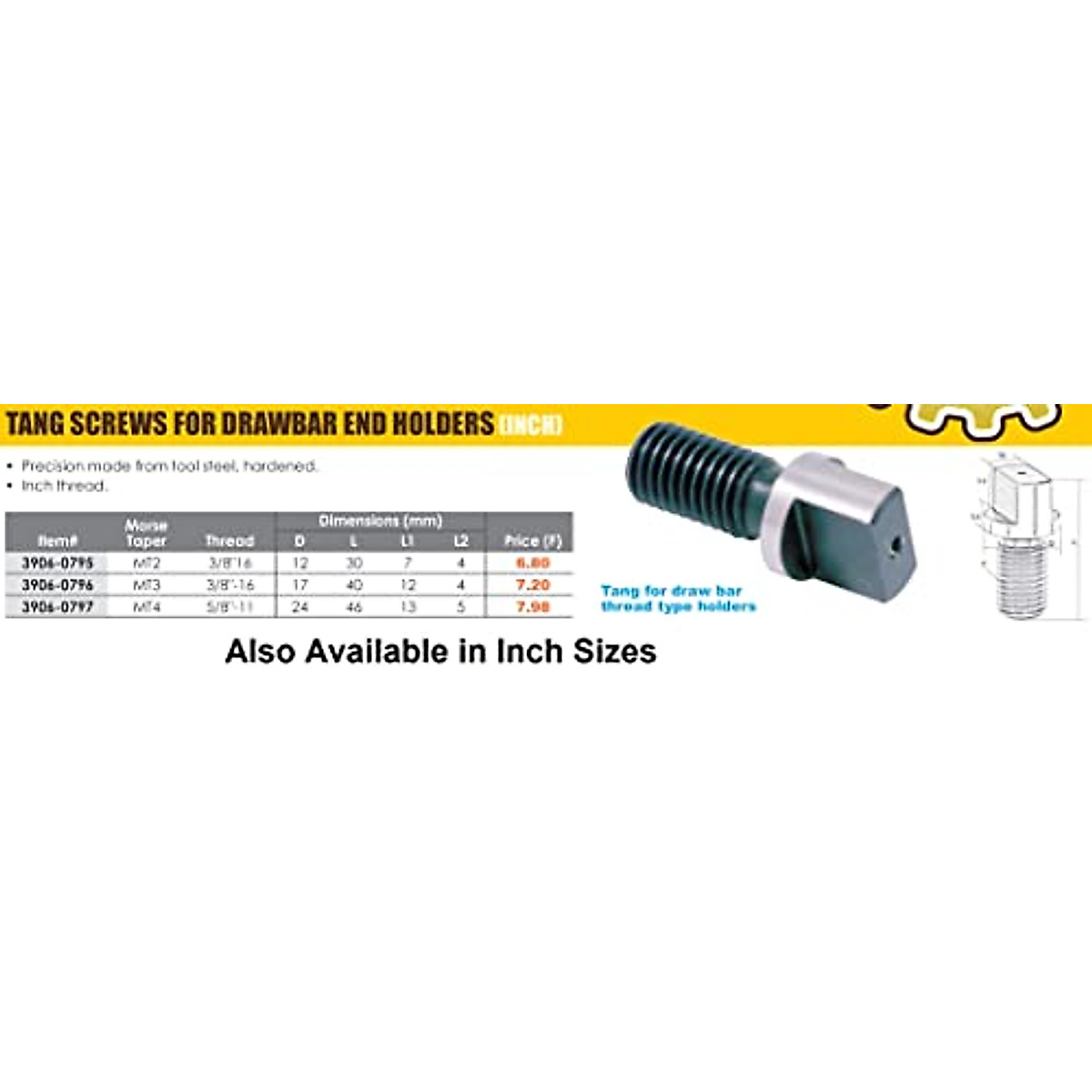 VERTEX 3900-0791 Tang Screw for Mt3 Draw Bar M12 x 1.75