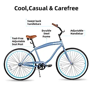 JOYSTAR 26inch Beach Cruiser Bike for Ages 12-14 Years Old Girls and Boys 26 Inch Beach Cruiser with Single Speed Step-Over Frame Blue